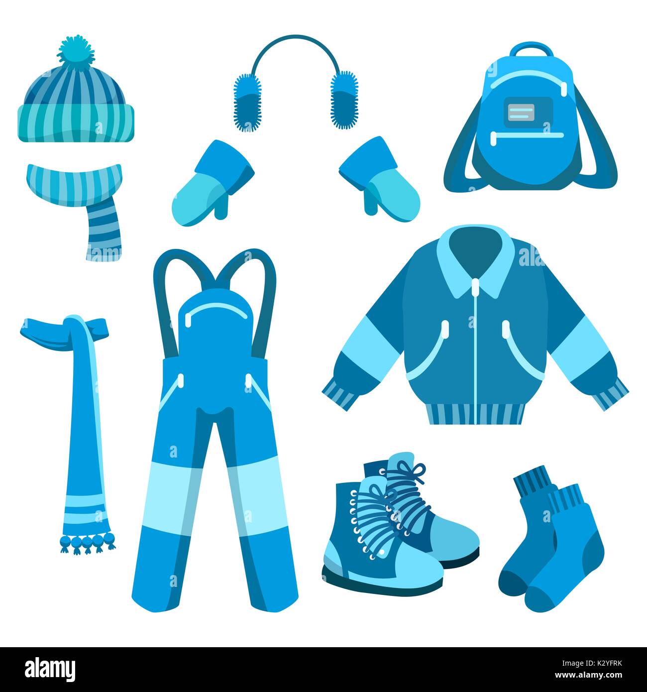 Blue winter clothes collection with backpack, boots, socks, vector ...