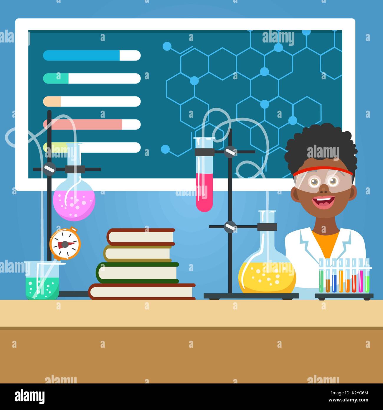 Chemistry class vector illustration. School boy with chemistry ...