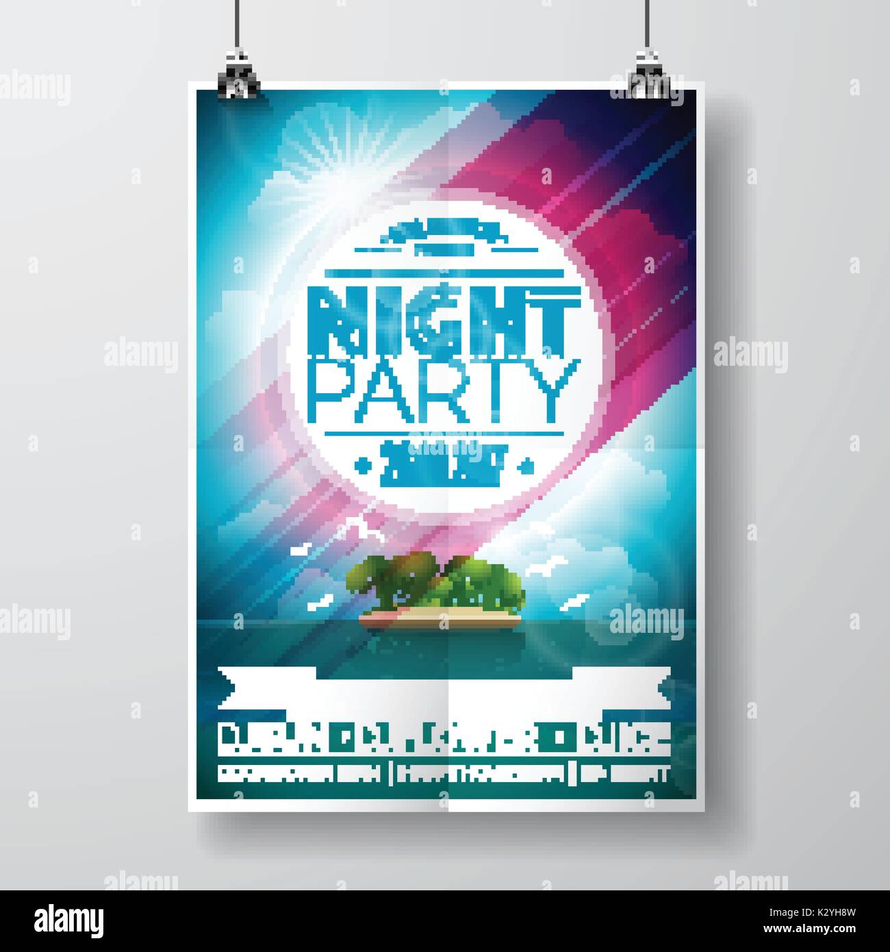 Vector Summer Night Party Flyer Design with paradise island on ocean ...
