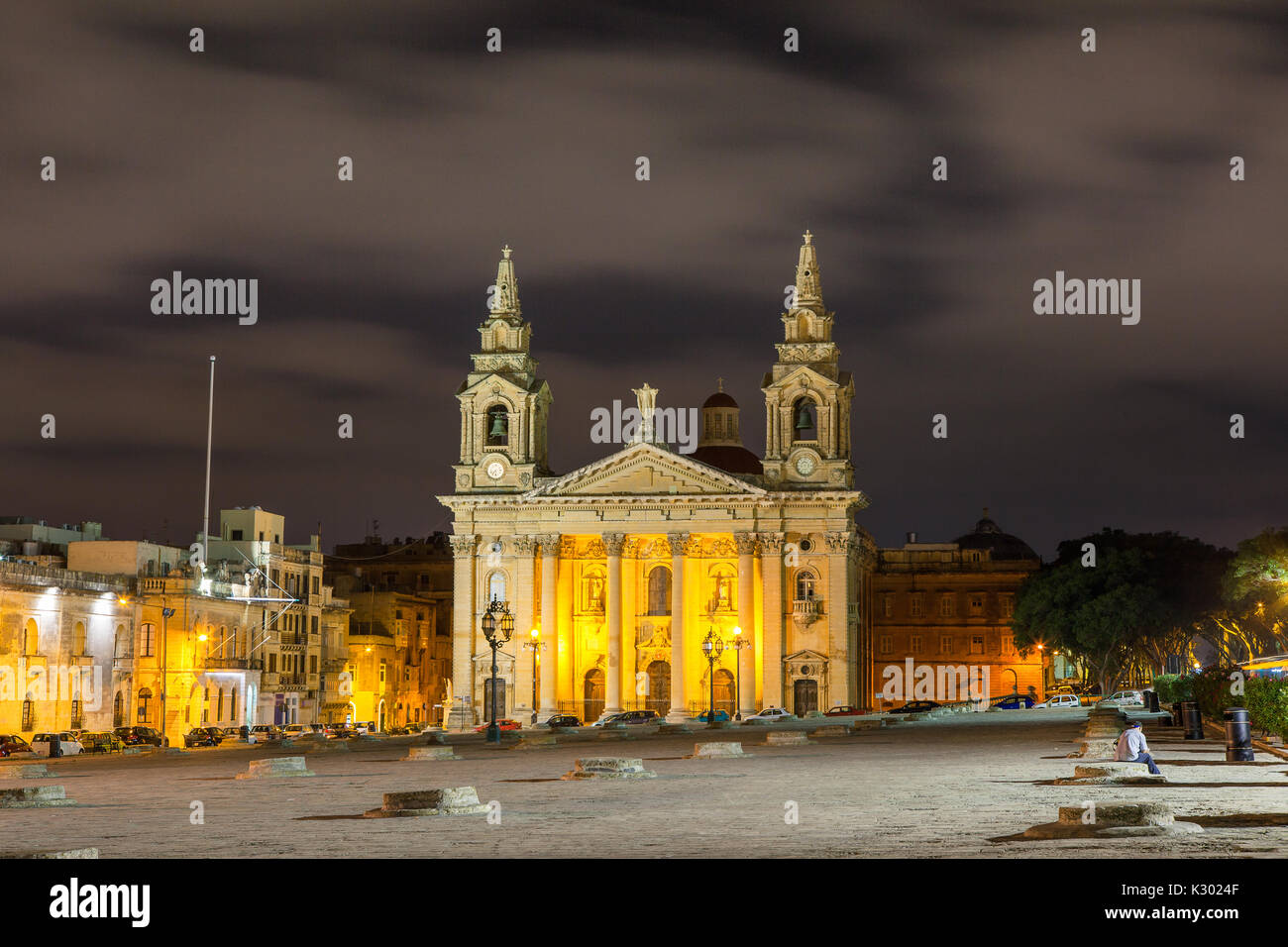 The beautiful church of St. Publius at deep night. Malta Stock Photo ...