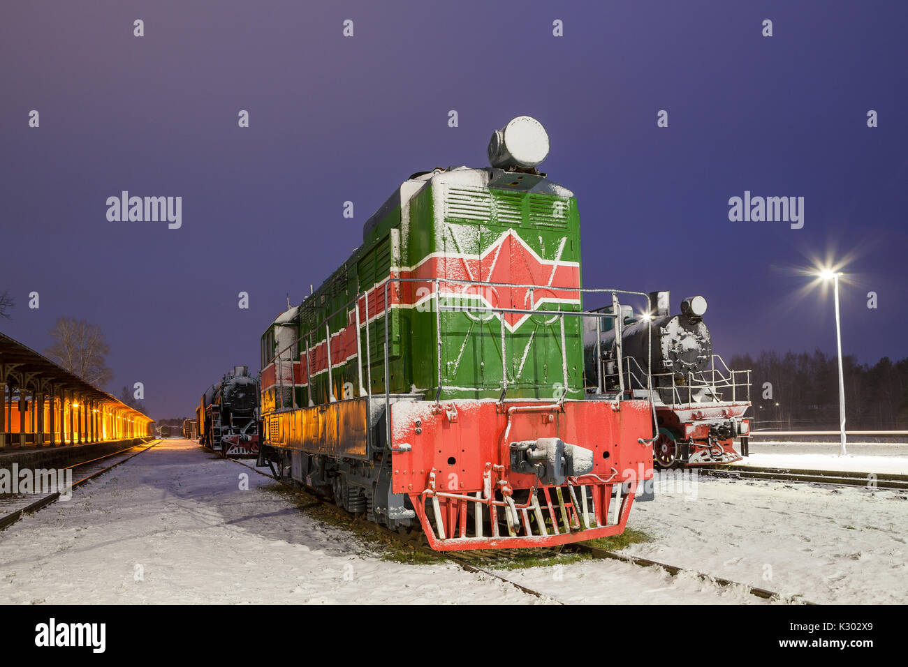Old train at vintage station. Winter time Stock Photo - Alamy