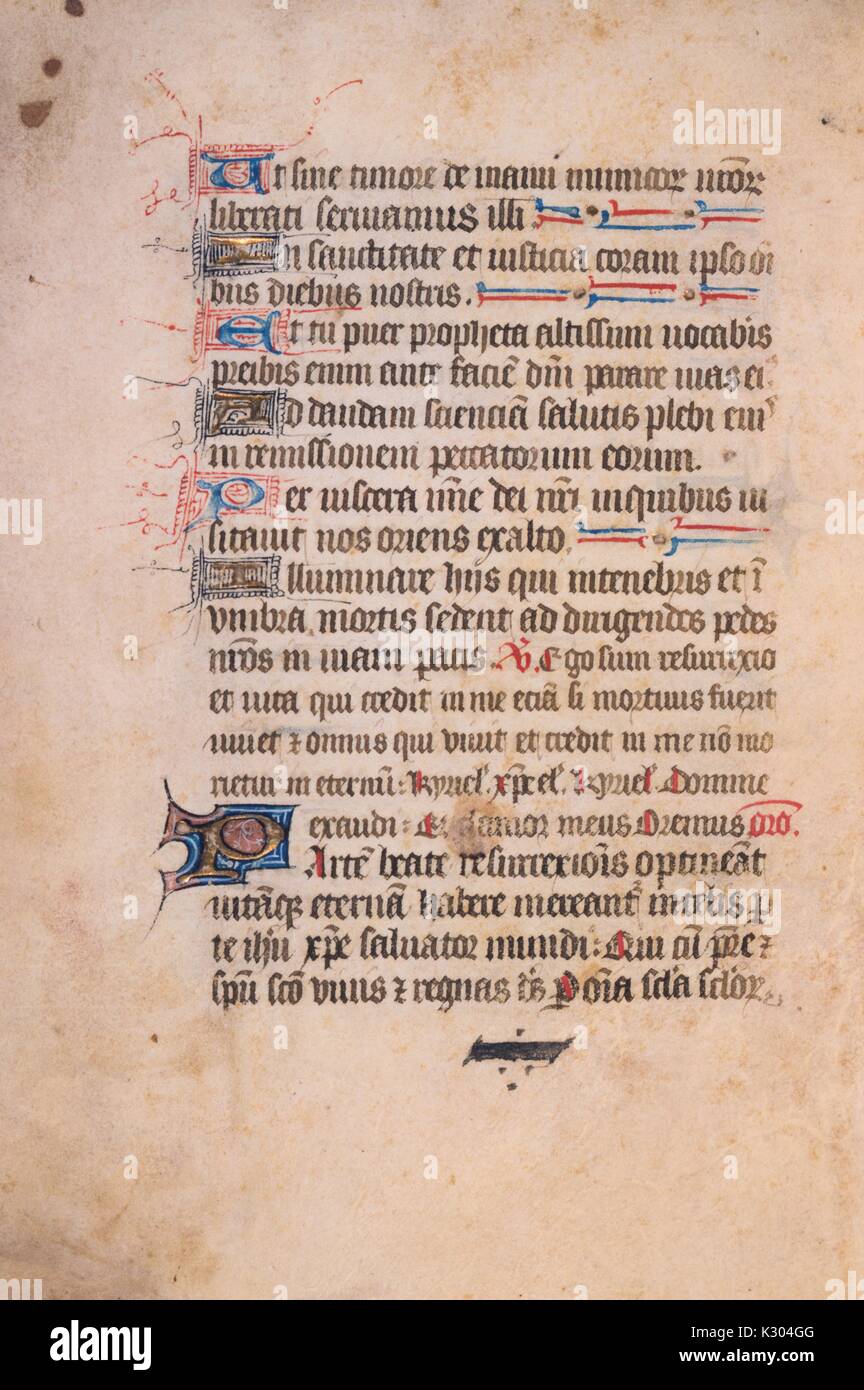 Illuminated manuscript page of Latin prayer with ornamental initials ...