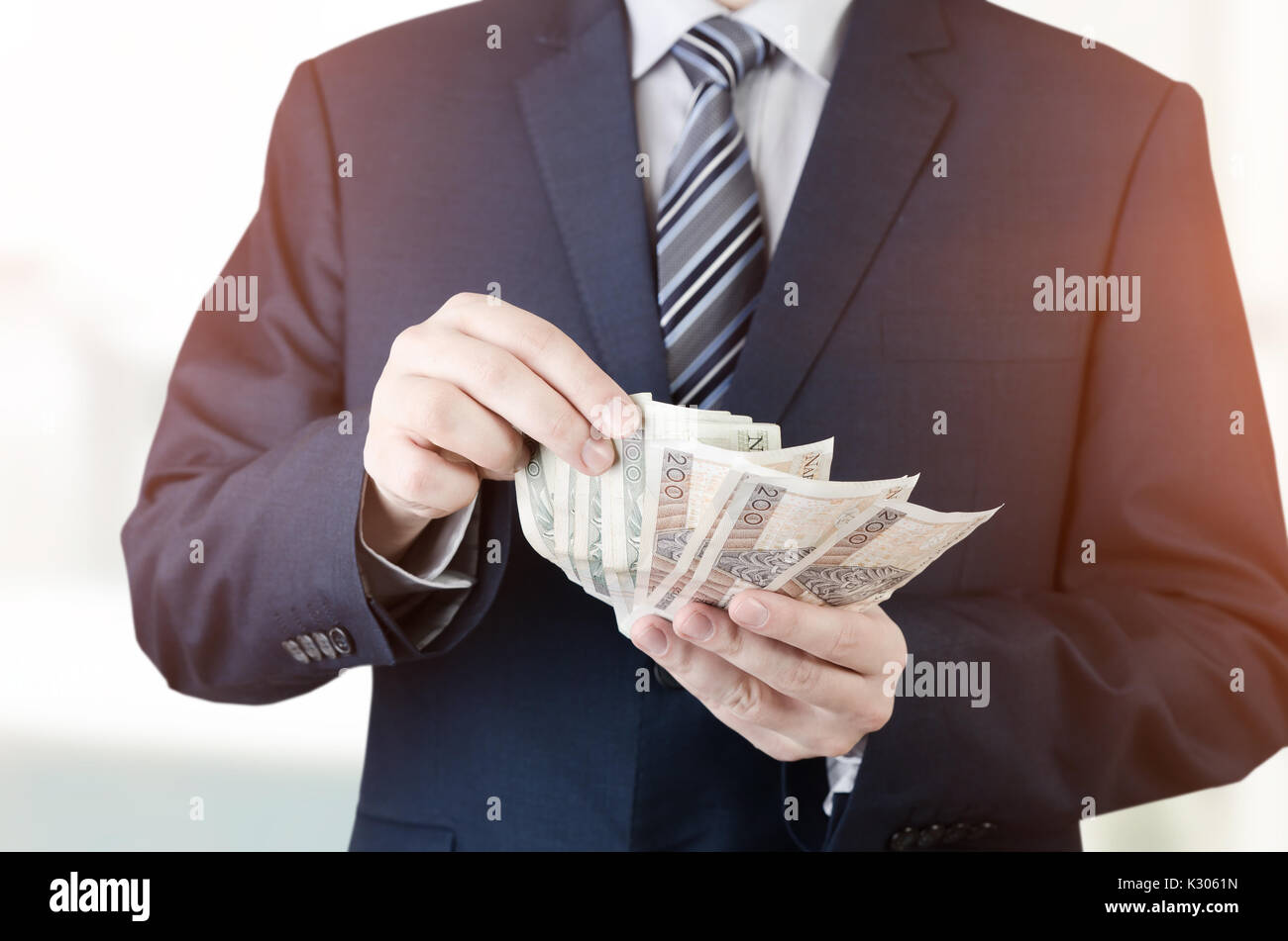 Range of Polish banknotes in hand. businessman giving money loan polish ...
