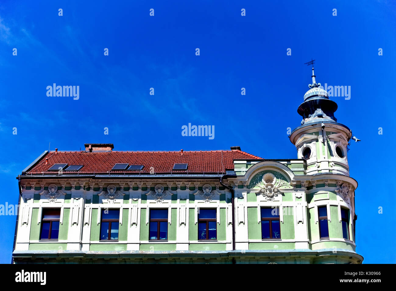 Typical Slovenian building with tower, city centre, downtown Lubiana ...