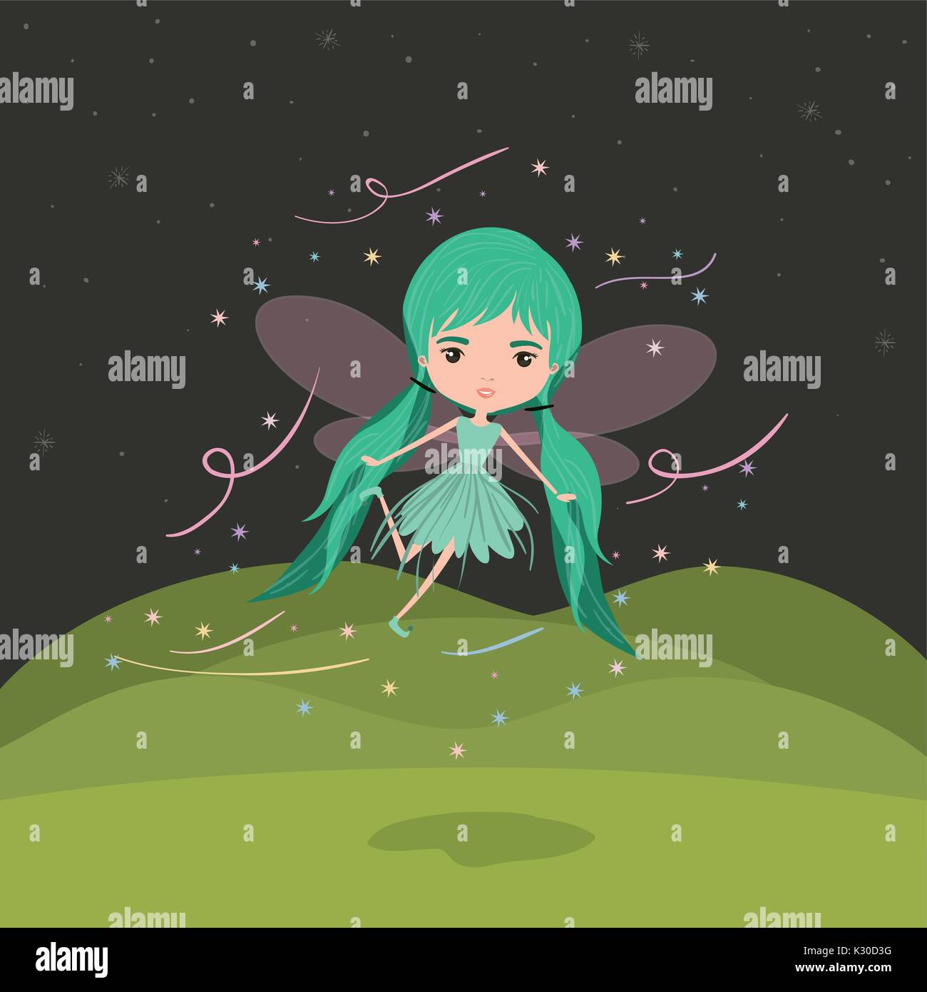 girly fairy fantastic character flying with wings and pigtails in night ...