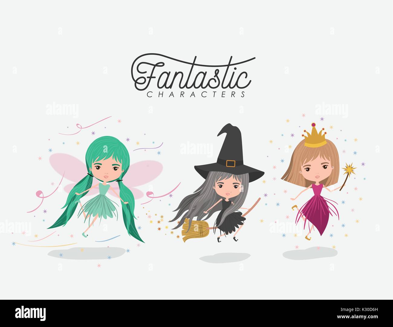 girly fantastic character set of princess fairy and witch on white ...