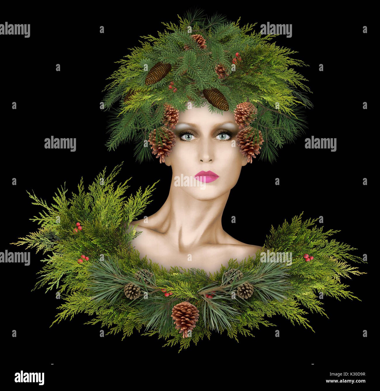 Fashion model wearing pine boughs and pine cones with winter berries ...