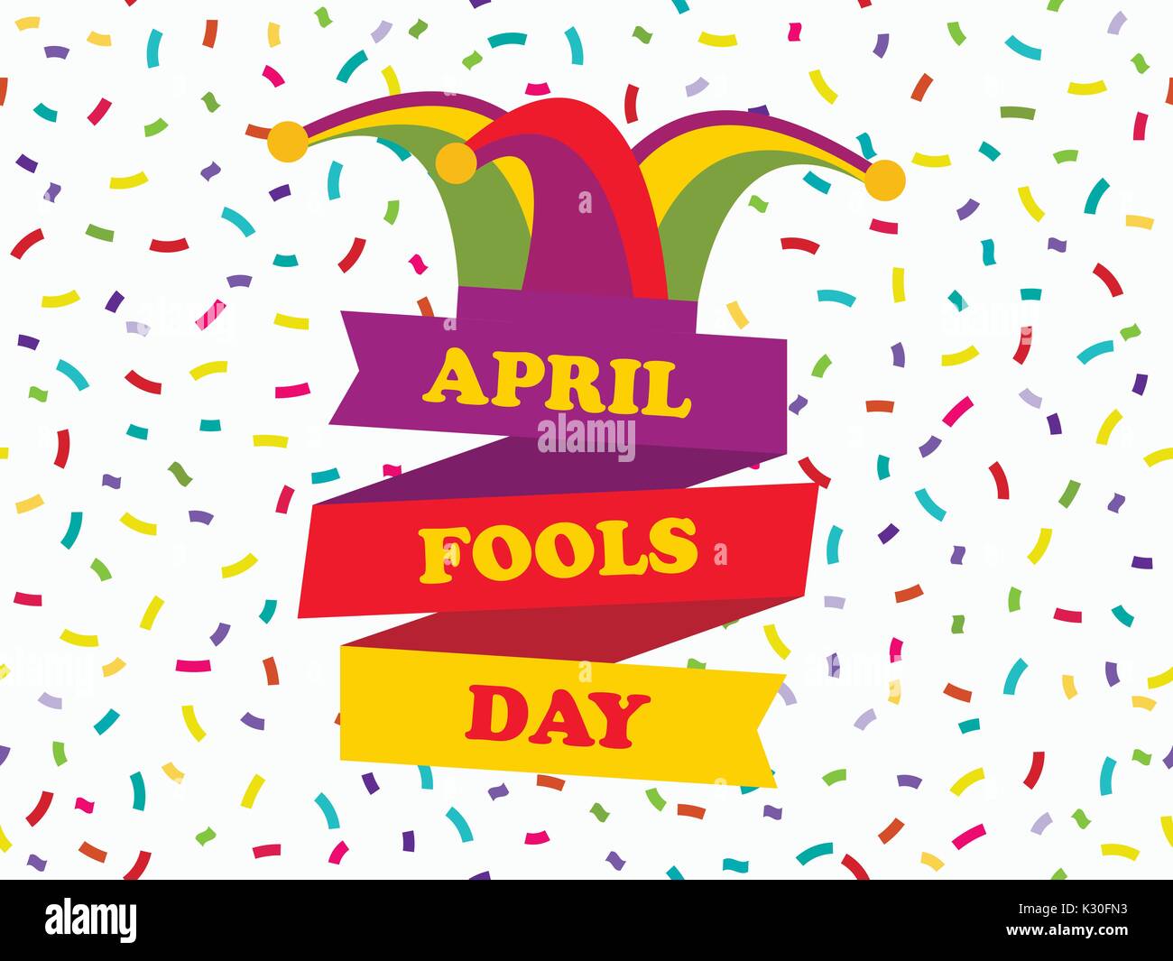April fools day. Cap with bells. Jester hat with ribbon. Festive banner ...