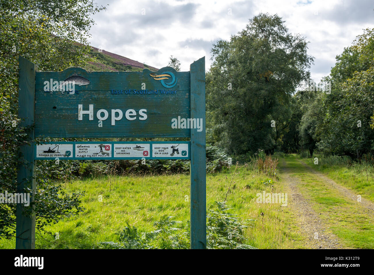 The Scottish Water name sign at Hopes Reservoir, in the Lammermuir ...