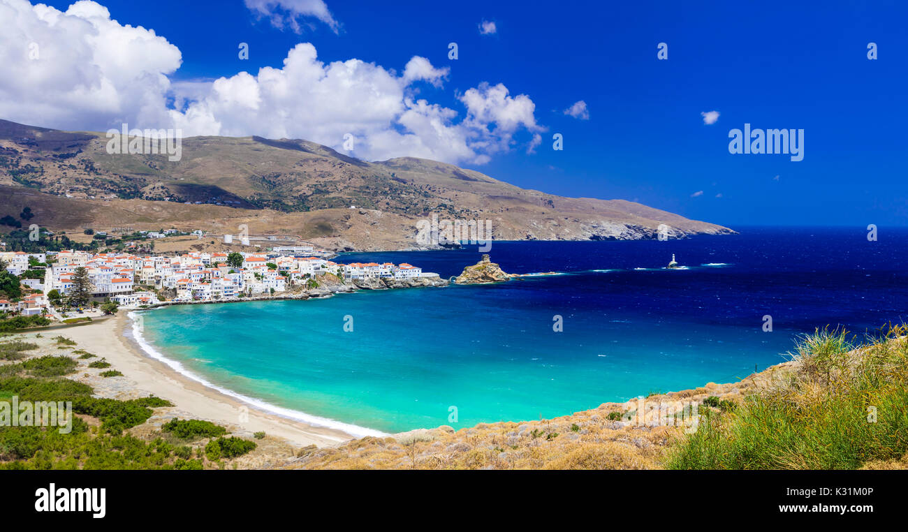 authentic traditional islands of Greece- Andros in Cyclades Stock Photo ...