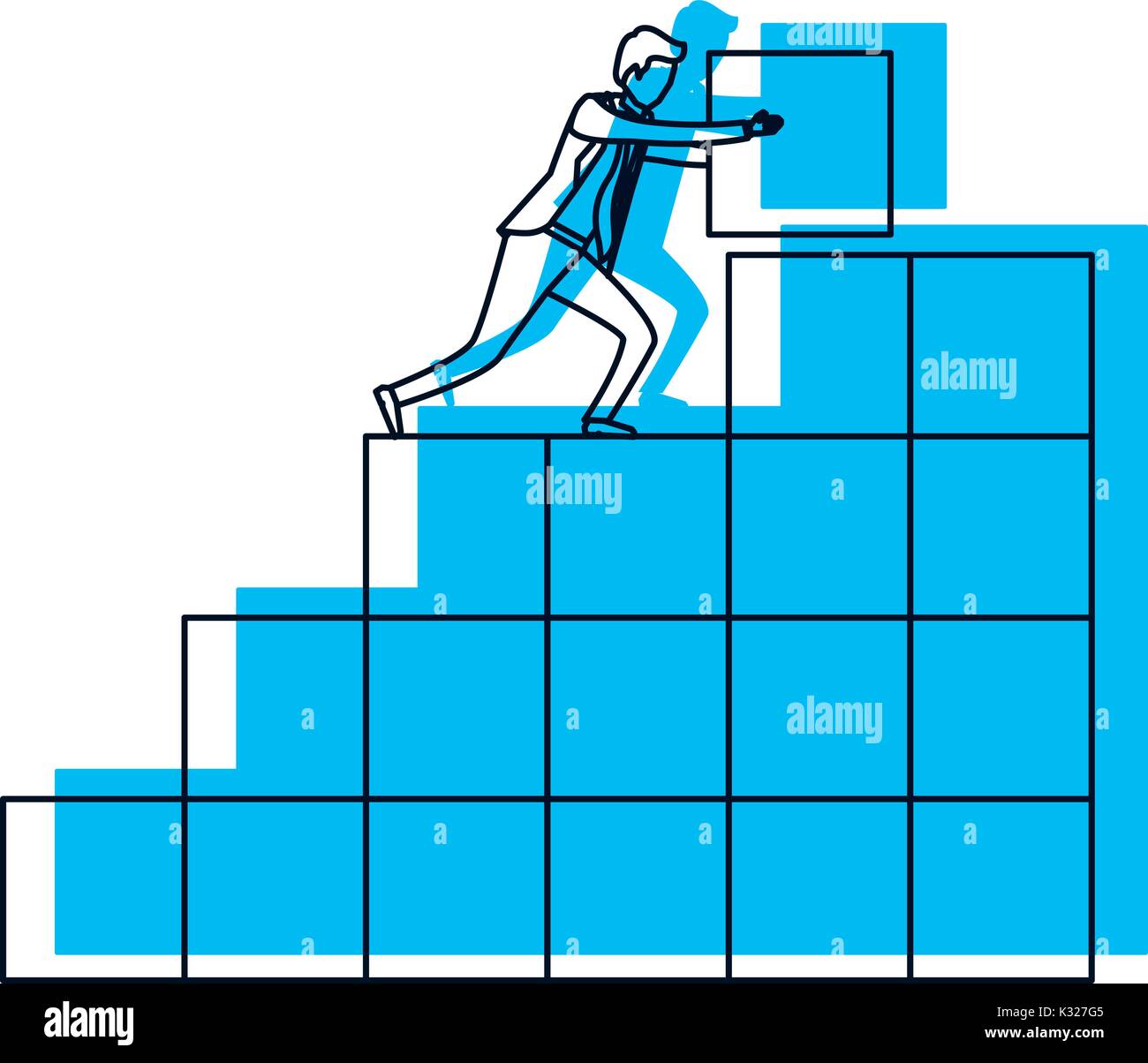 businessman pushing a block in structure of bricks blue watercolor ...