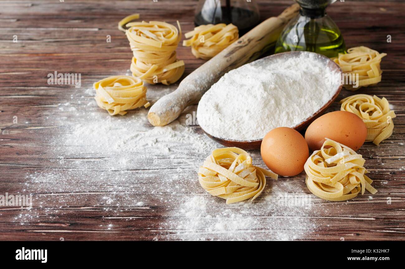 A set of products for cooking pasta with wheat flour, and a ready-to ...
