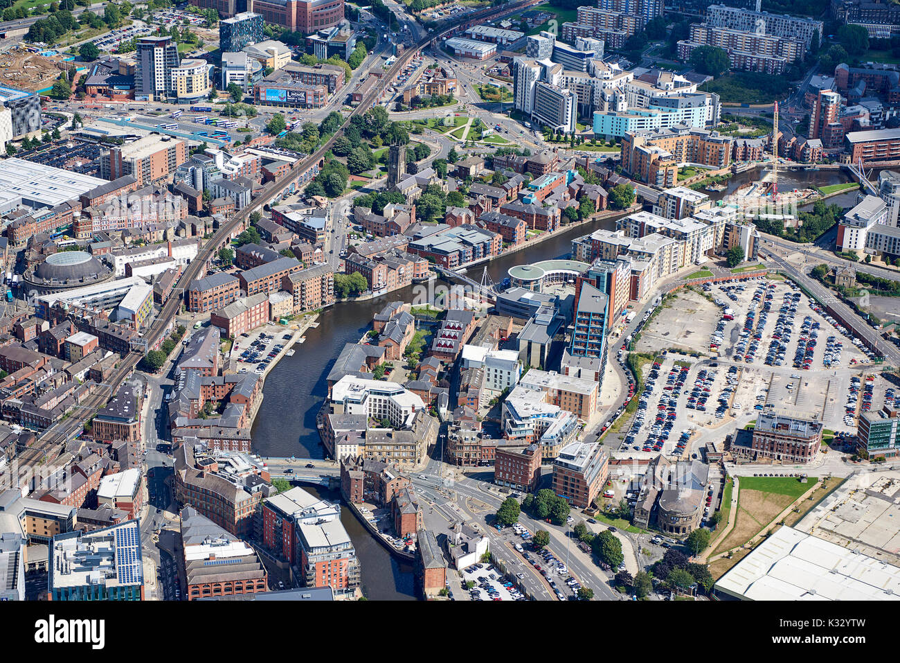 An aerial view of Leeds City Centre, riverside area around the Corn ...