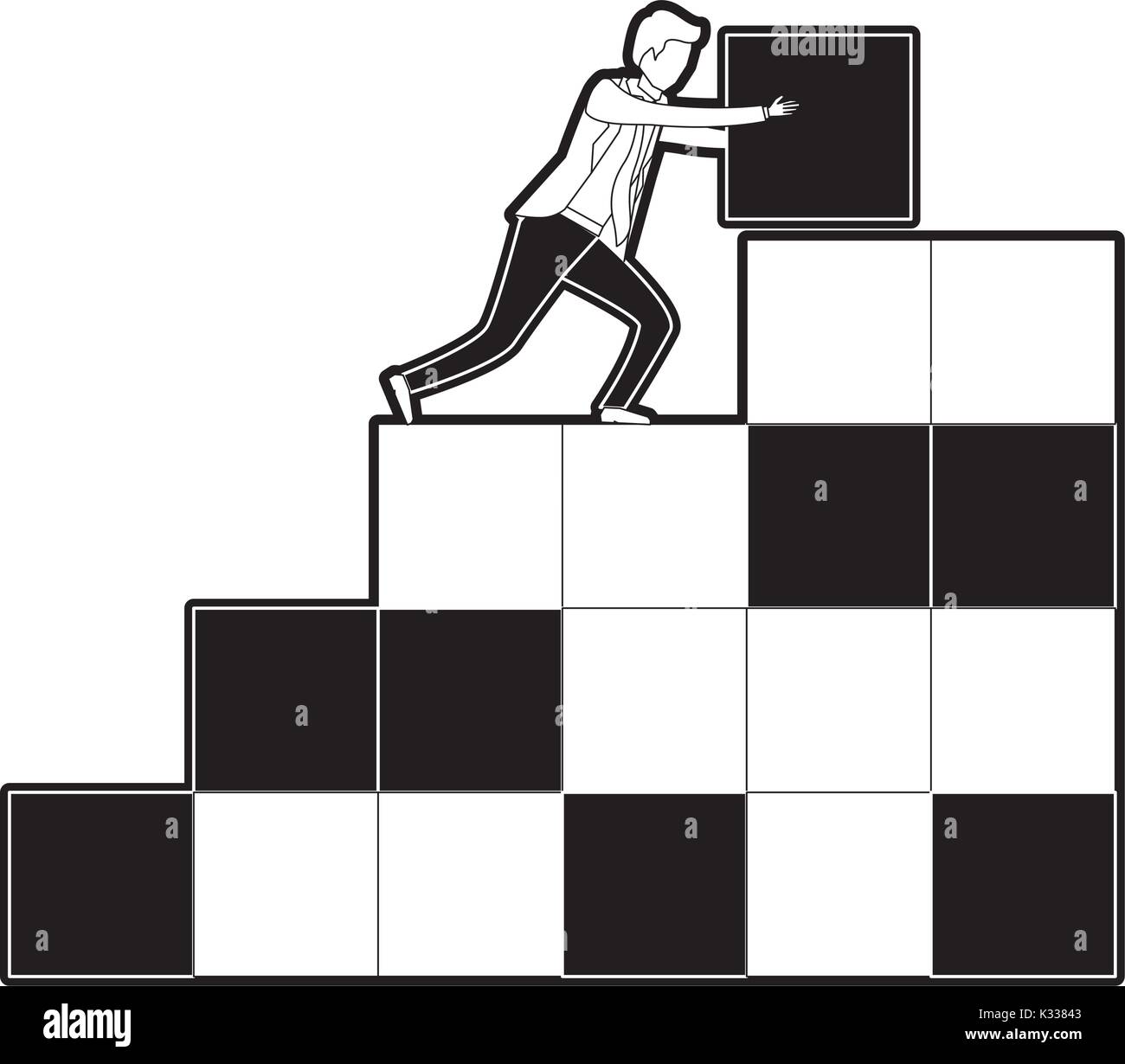 businessman pushing a block in structure of bricks black silhouette and ...