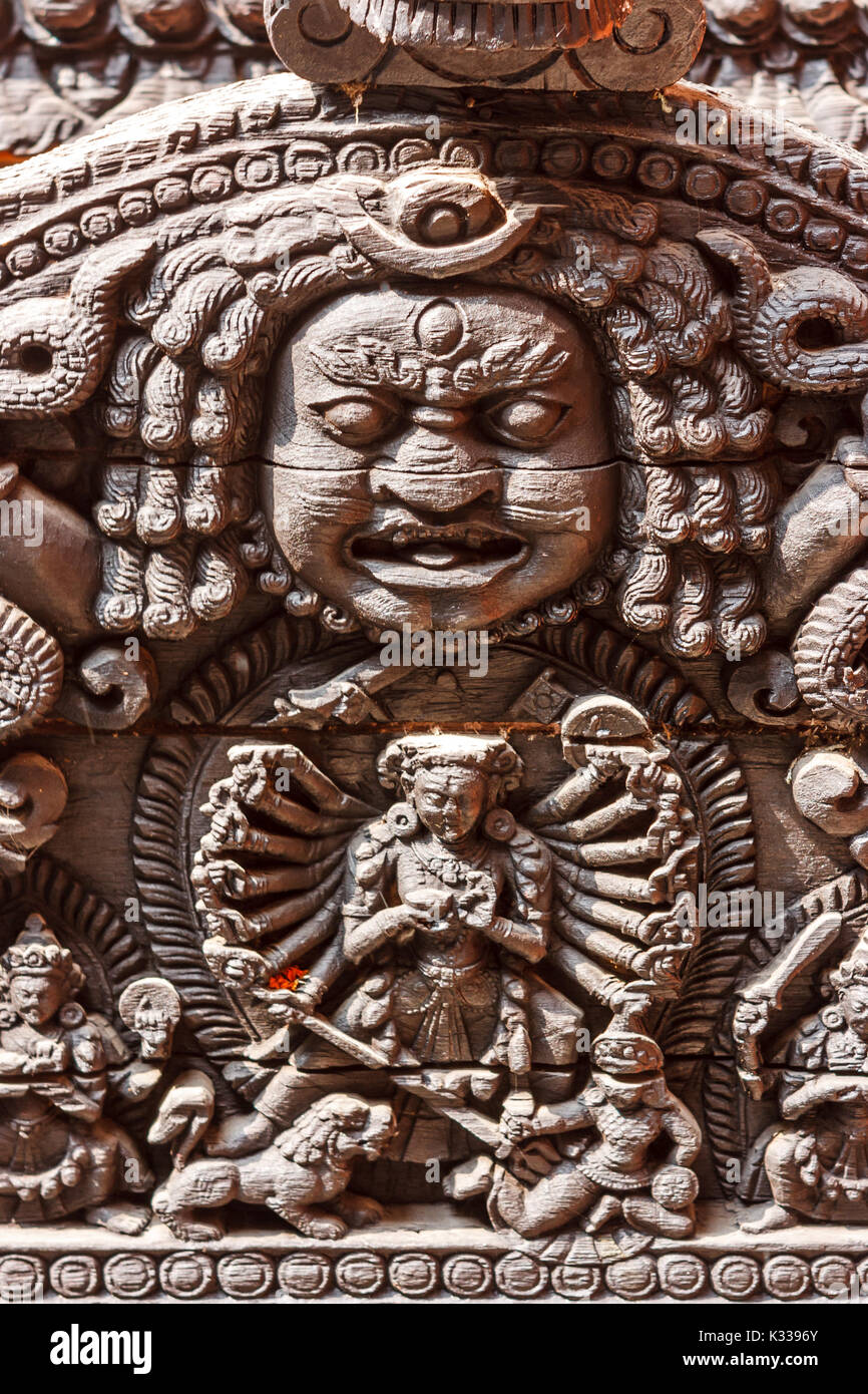 Statue and bas relief decorations of the temples in Durbar square ...