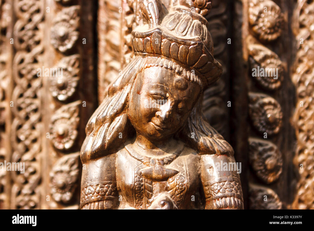 Statue and bas relief decorations of the temples in Durbar square ...