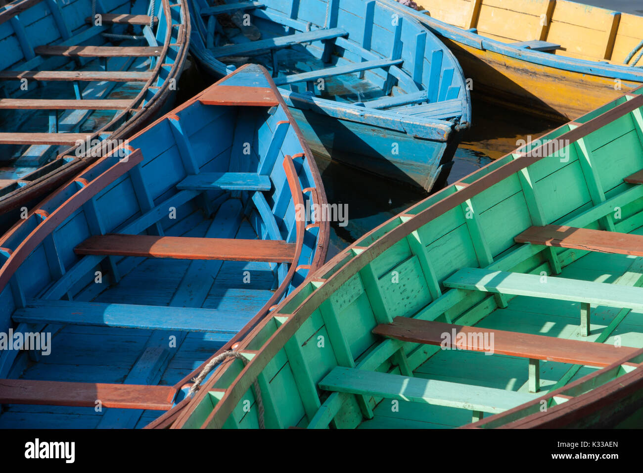 Small wooden colored boats on the Phewa Lake, Pokhara, Nepal Stock ...