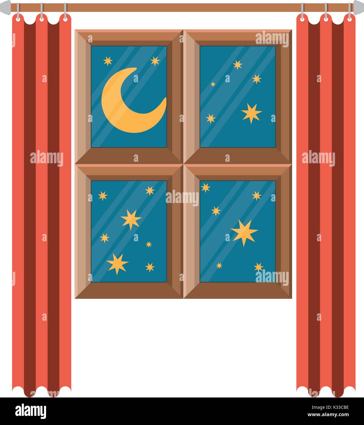 window in wooden with curtain and night landscape in colorful ...