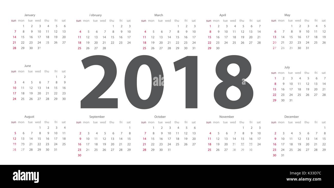 Calendar 2018. Week starts from Sunday. Vector Illustration Stock ...