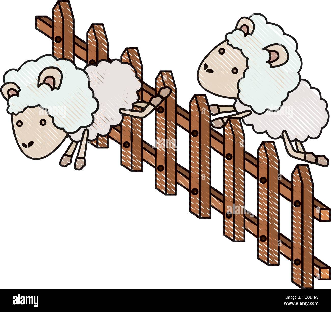 sheep animal couple jumping a wooden fence in color crayon silhouette ...