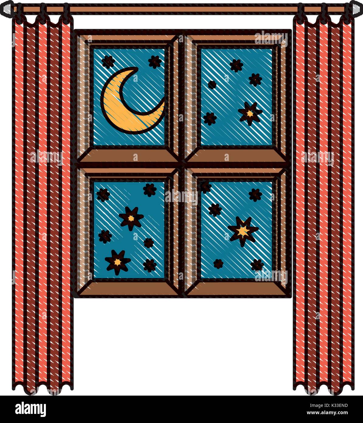 window in wooden with curtain and night landscape in color crayon ...