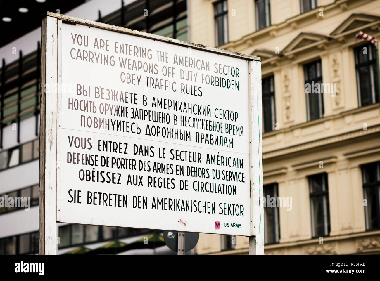 Close up view of signage at 'Checkpoint Charlie', Berlin, Germany ...