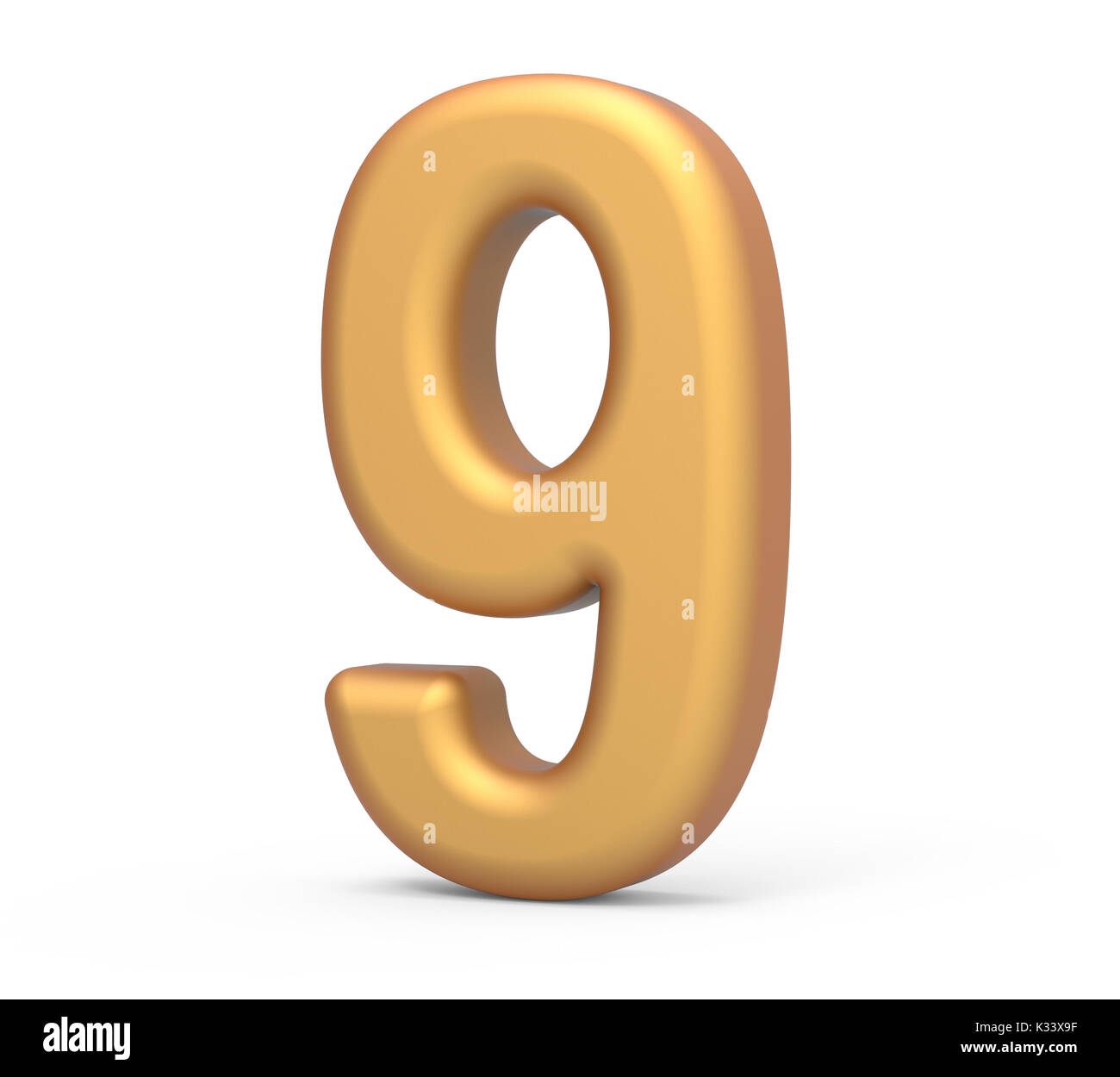 golden number 9, 3D rendering matte gold number isolated on white ...