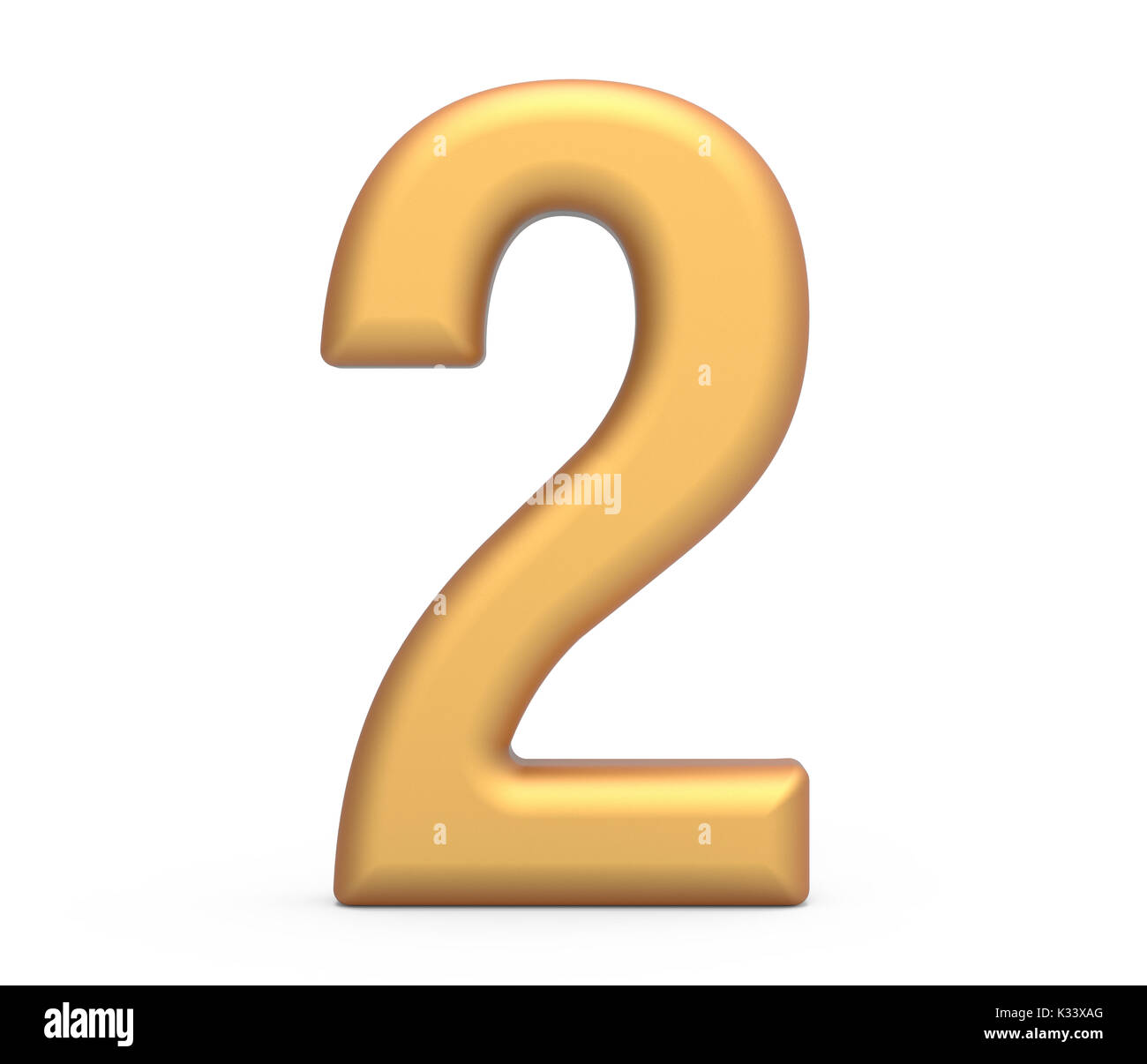 golden number 2, 3D rendering matte gold number isolated on white ...