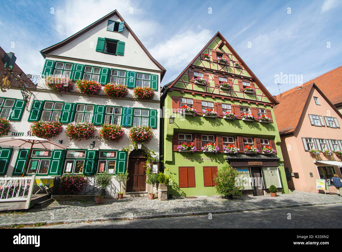Colorful houses and flowers Nordlingen Bavaria Southern Germany Europe ...