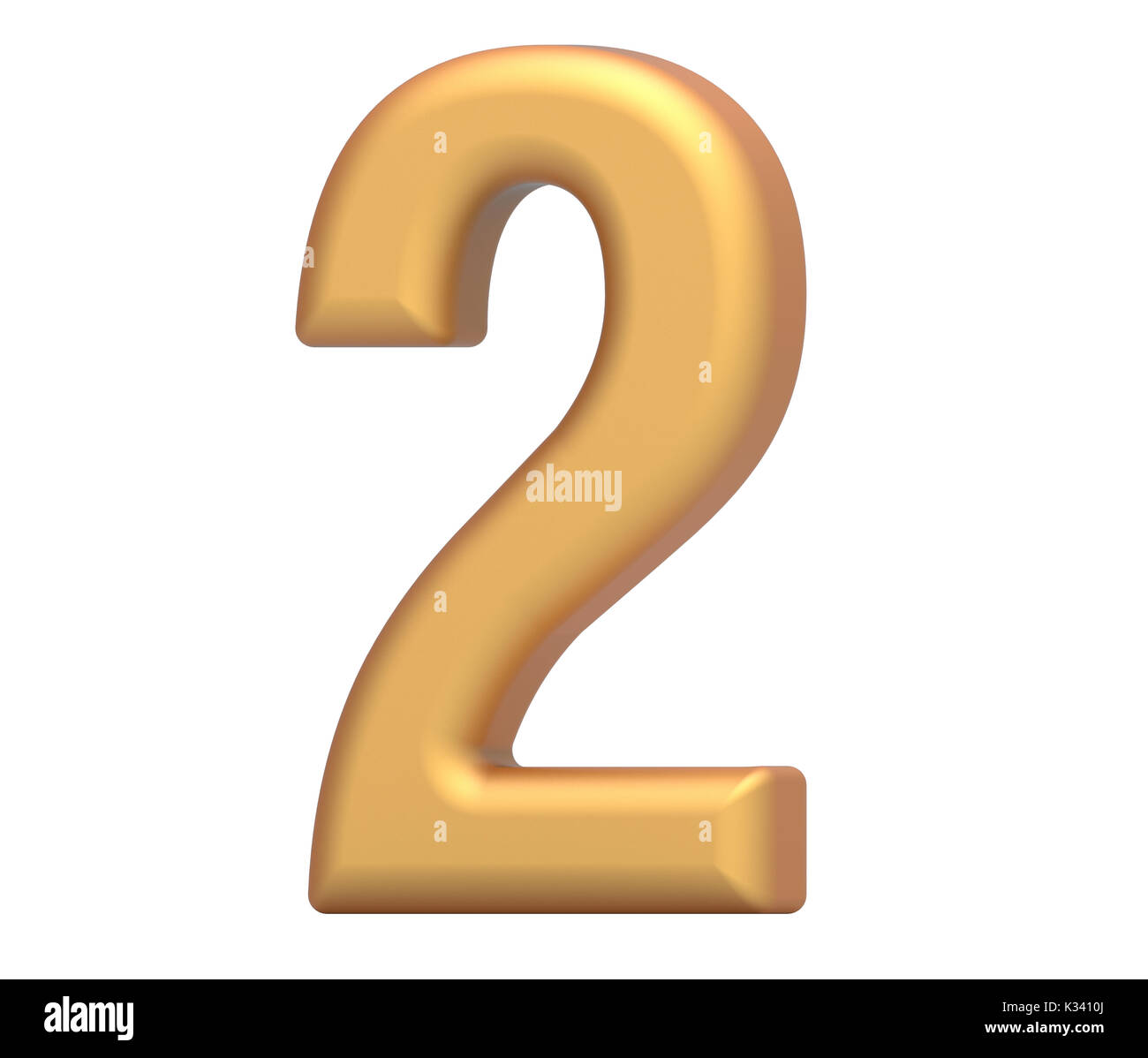 golden number 2, 3D rendering matte gold number isolated on white ...