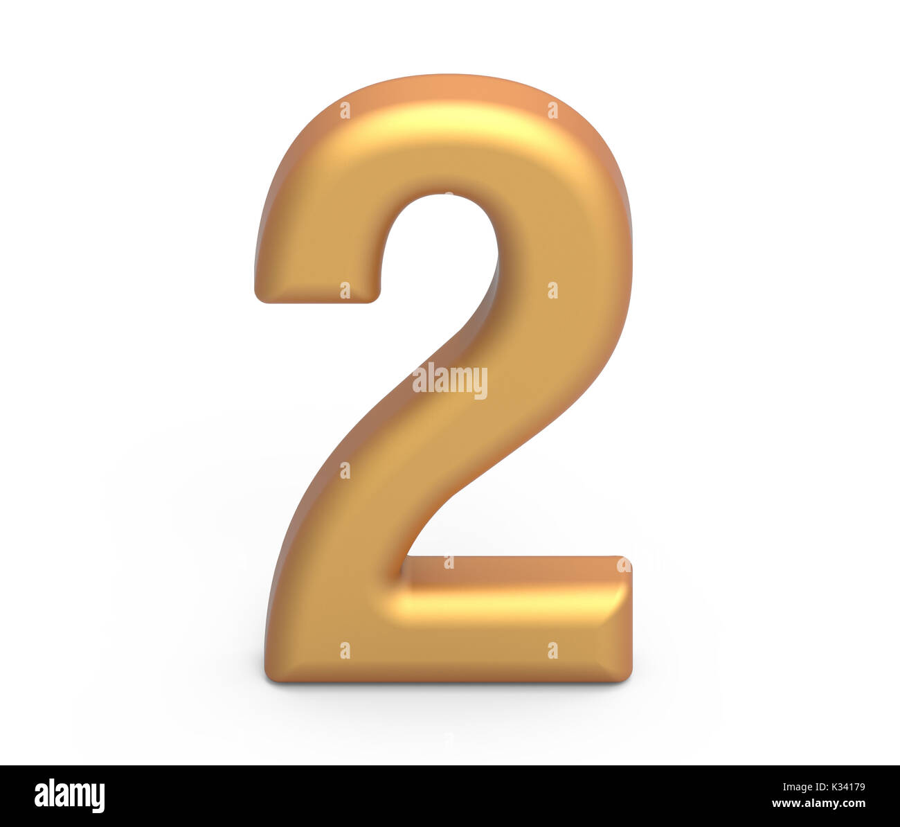golden number 2, 3D rendering matte gold number isolated on white ...