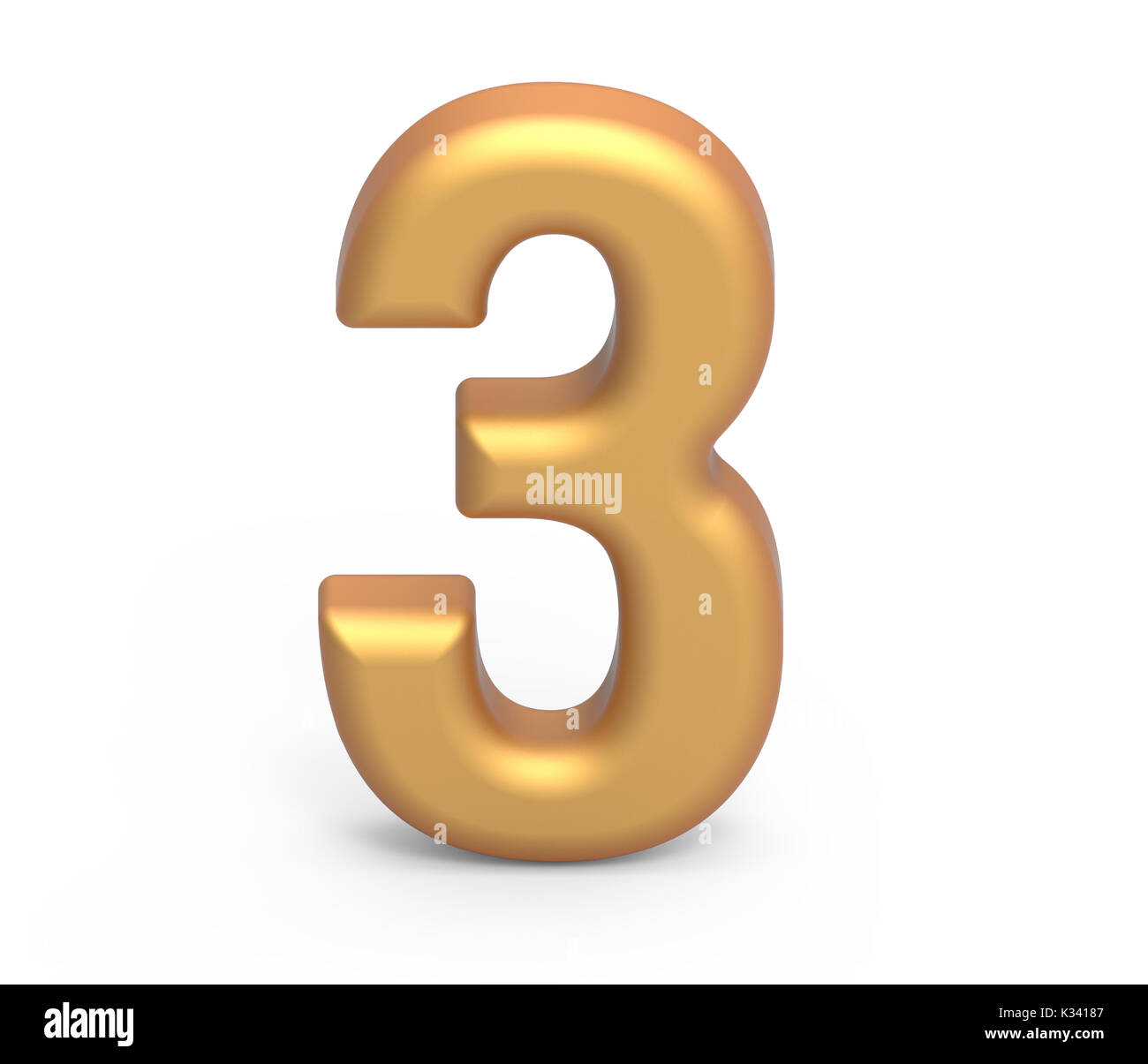 golden number 3, 3D rendering matte gold number isolated on white ...