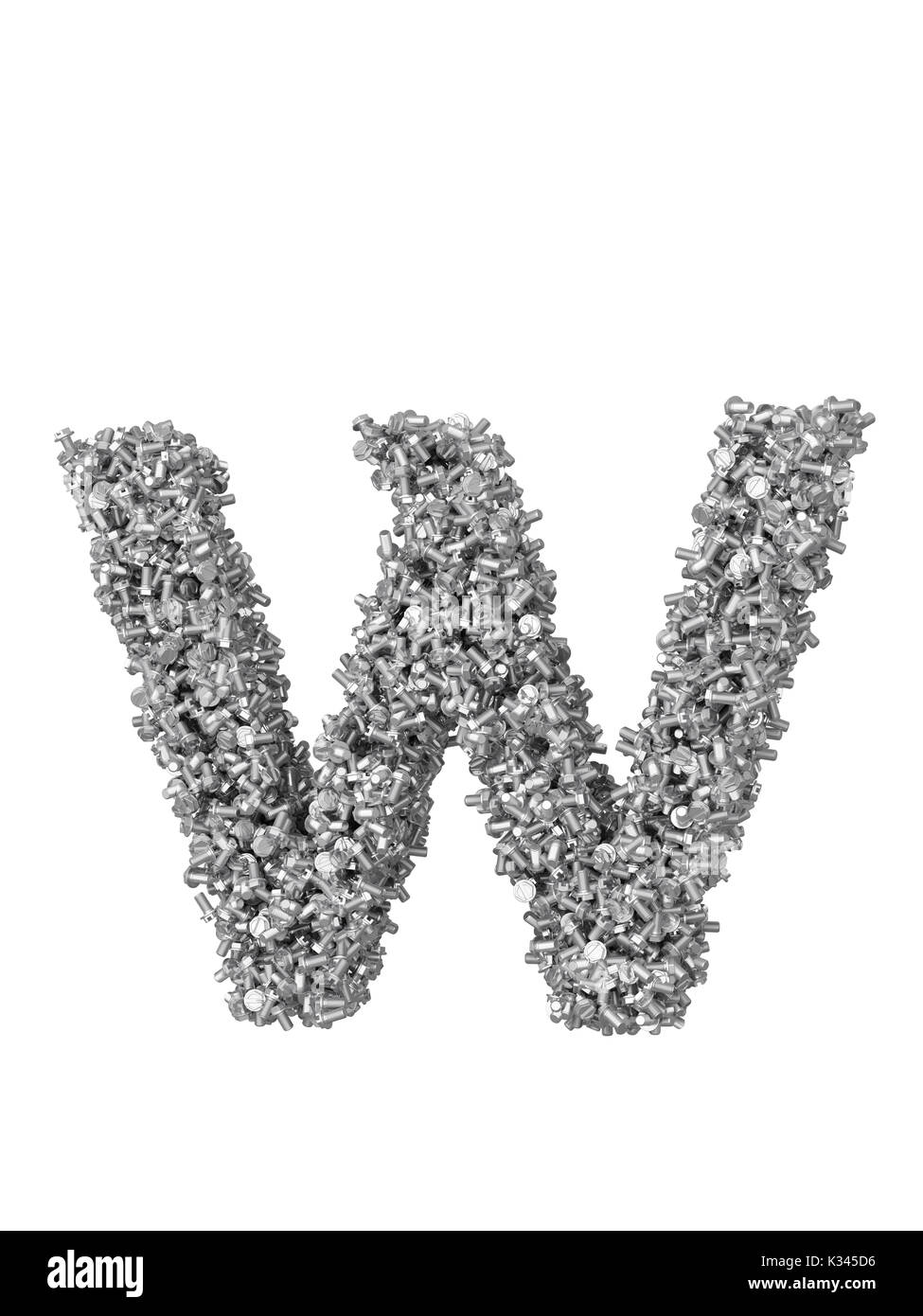 3D render of silver or grey alphabet make from bolts. Big letter W with ...