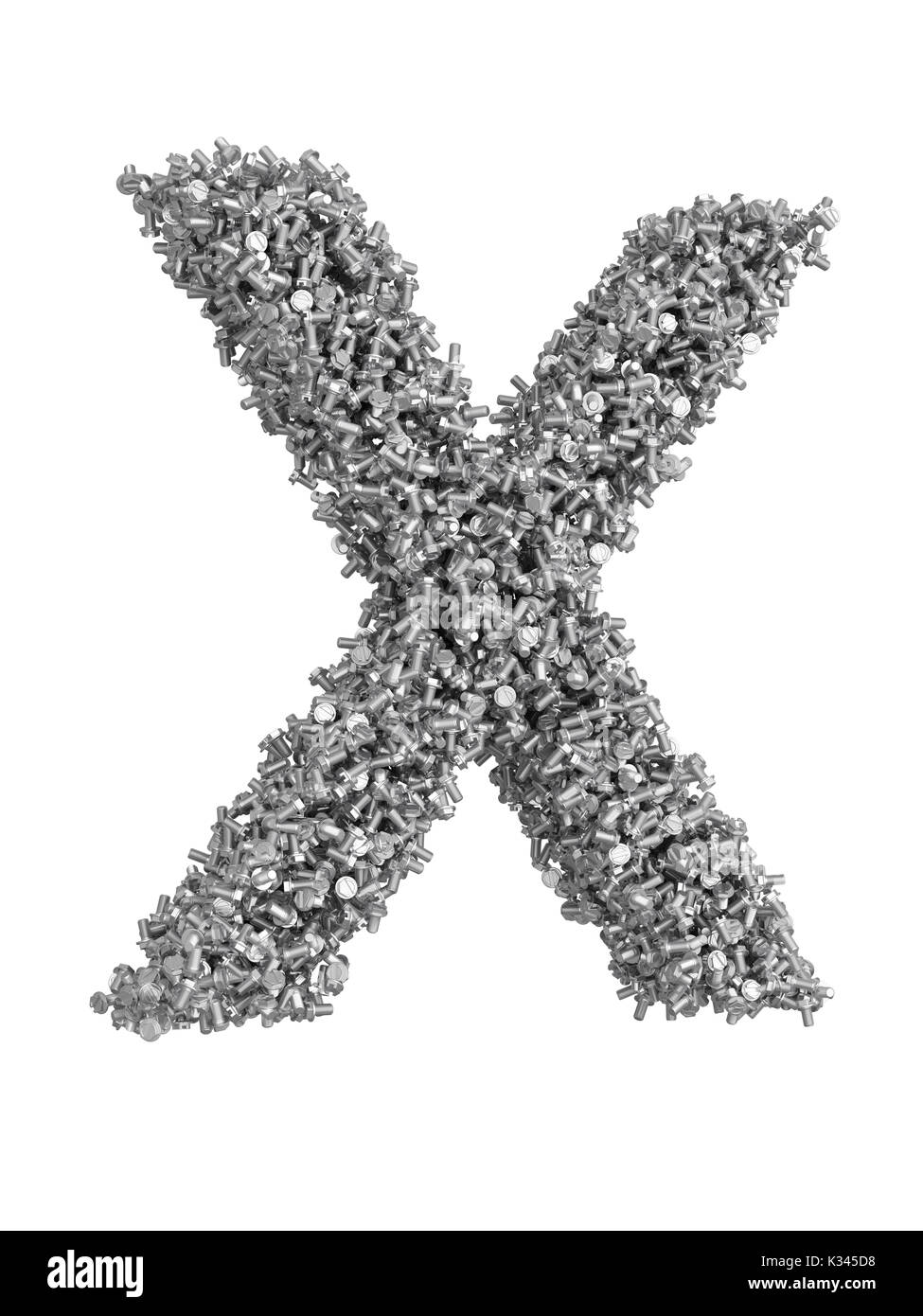 3D render of silver or grey alphabet make from bolts. Big letter X with ...