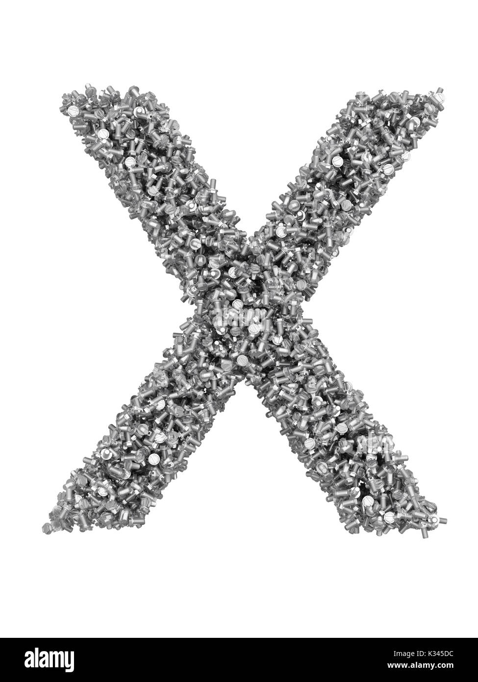 3D render of silver or grey alphabet make from bolts. Big letter X with ...
