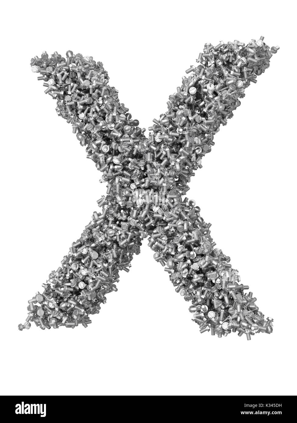 3D render of silver or grey alphabet make from bolts. Big letter X with ...