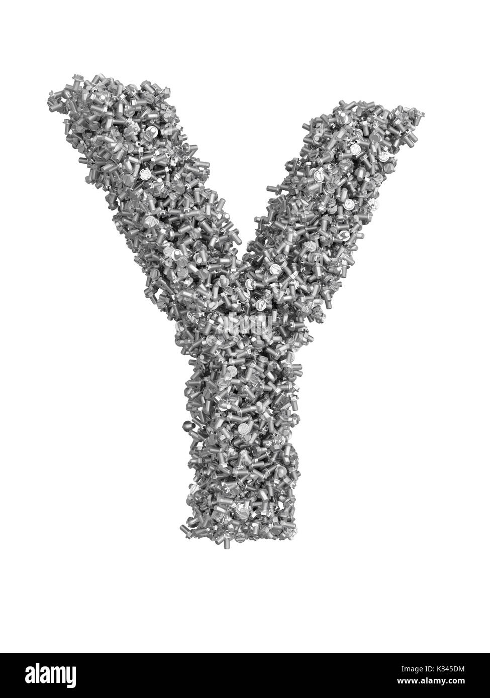 3D render of silver or grey alphabet make from bolts. Big letter Y with ...