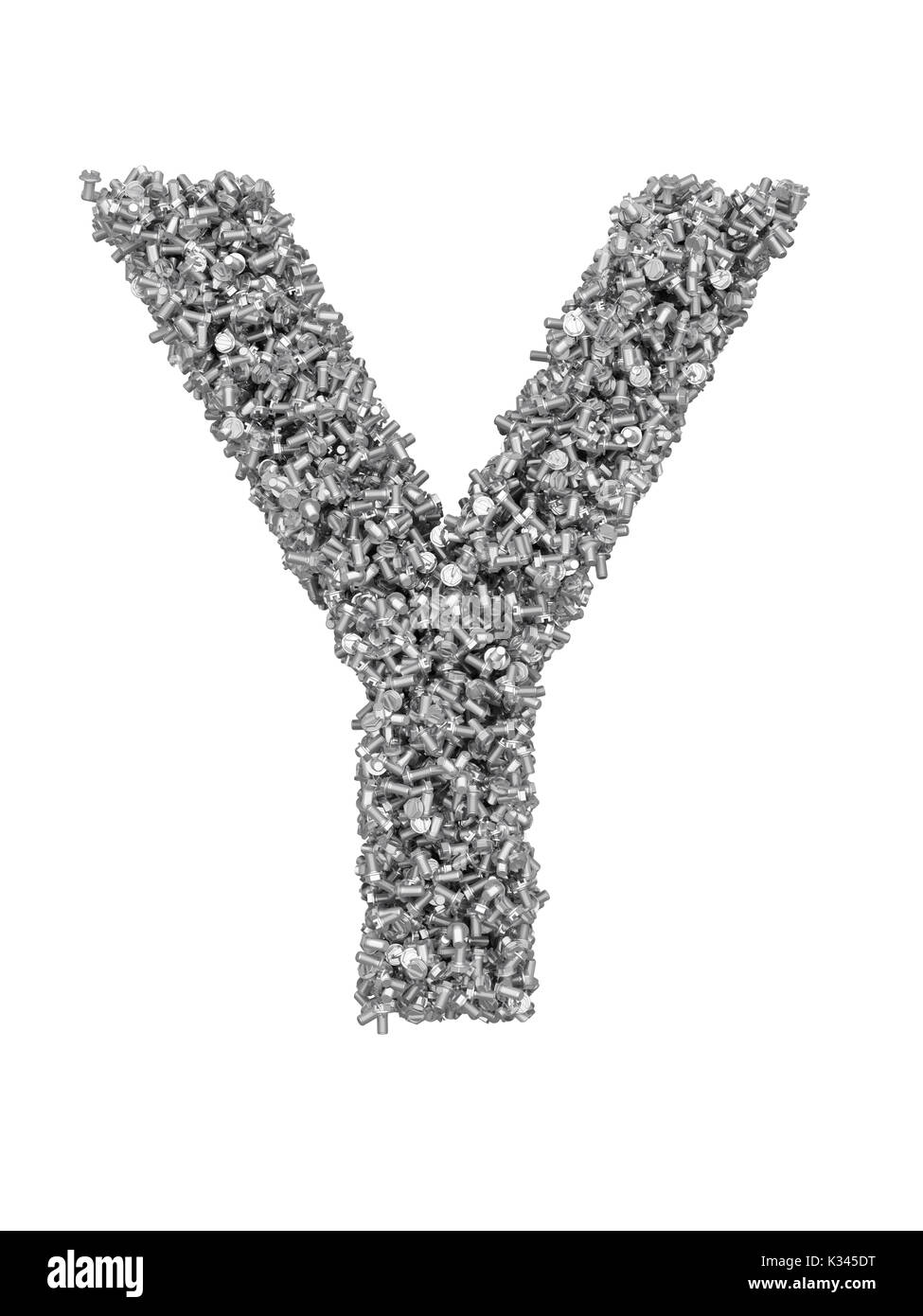 3D render of silver or grey alphabet make from bolts. Big letter Y with ...