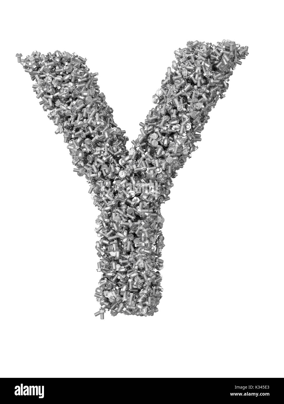 3D render of silver or grey alphabet make from bolts. Big letter Y with ...