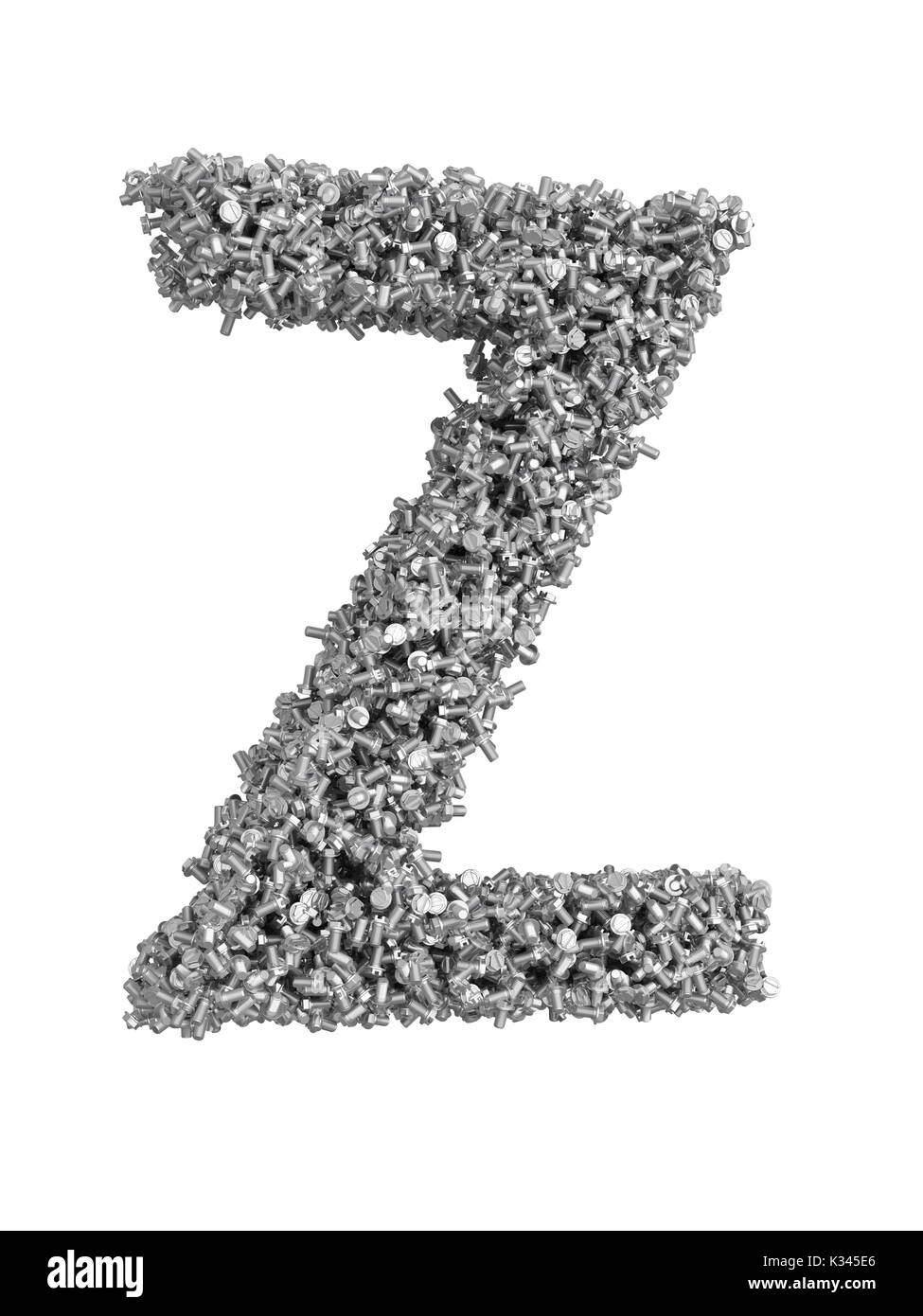 3D render of silver or grey alphabet make from bolts. Big letter Z with ...