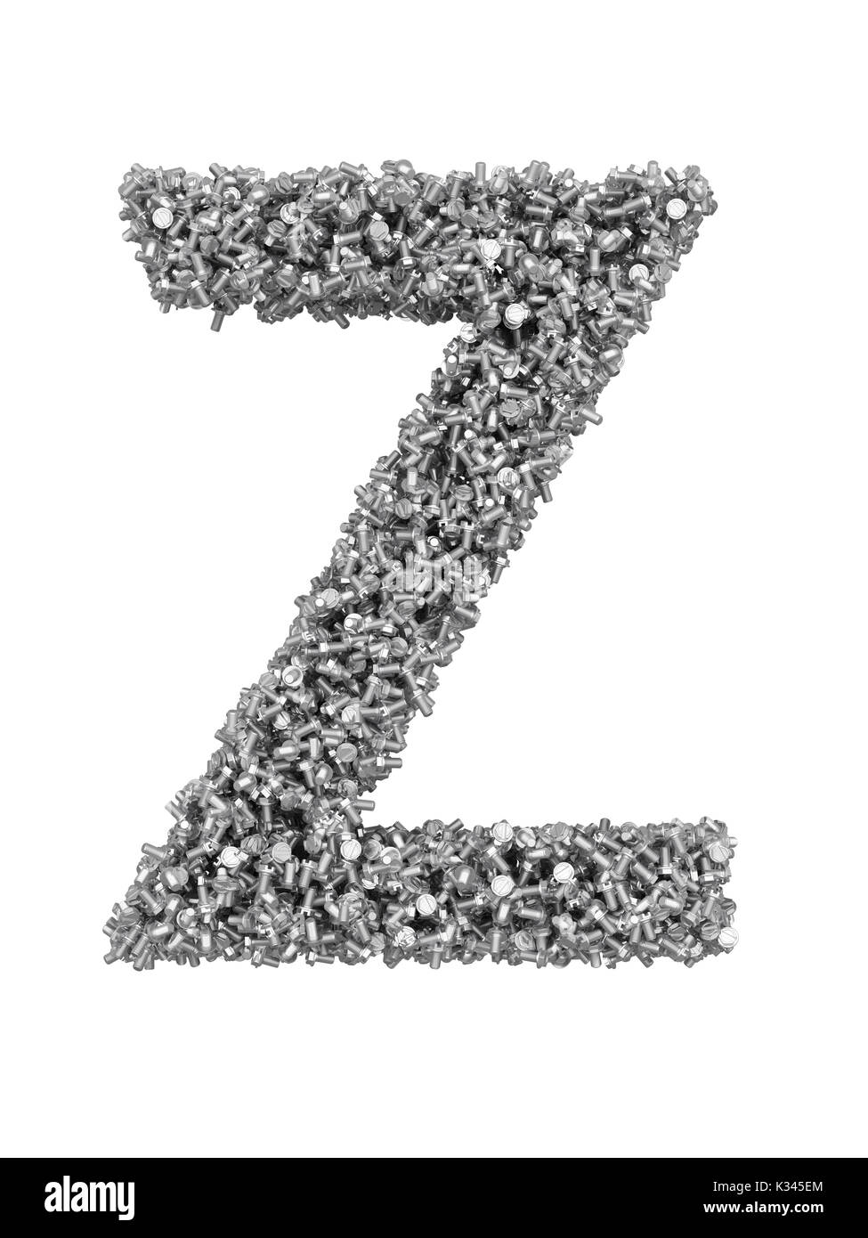 3D render of silver or grey alphabet make from bolts. Big letter Z with ...