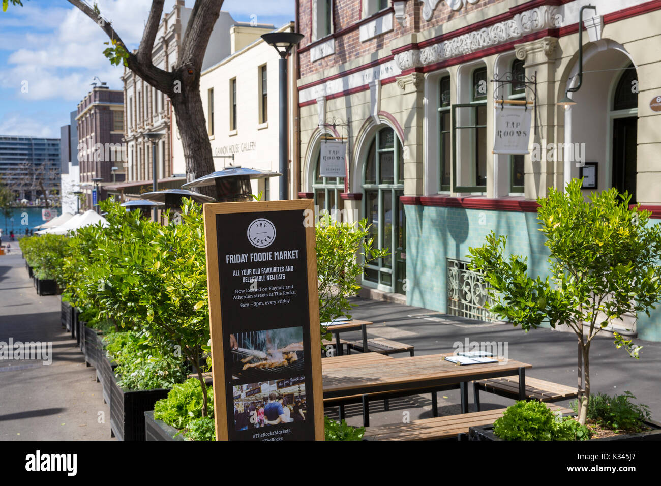 Sign for Friday foodie markets in Argyle street The Rocks historic area ...