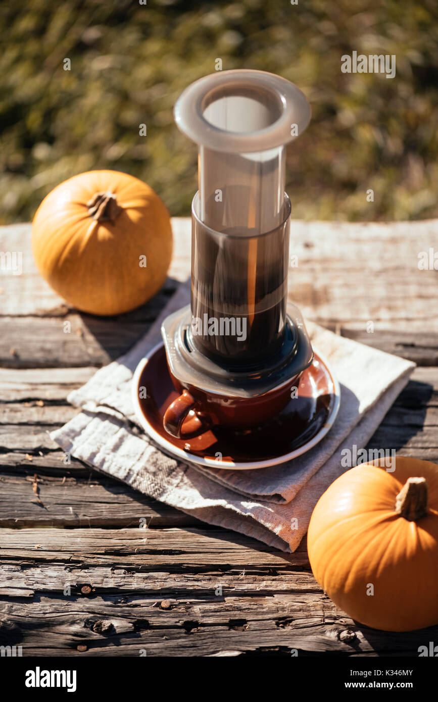 Autumn outdoor coffee picnic. Coffee cups, cute little pumpkin on the ...