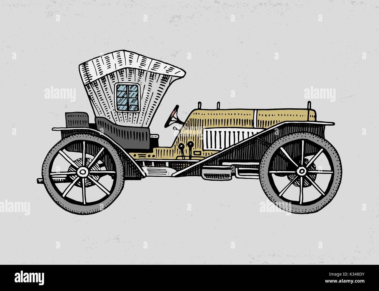 Classic car, machine or engine illustration. engraved hand drawn in old ...