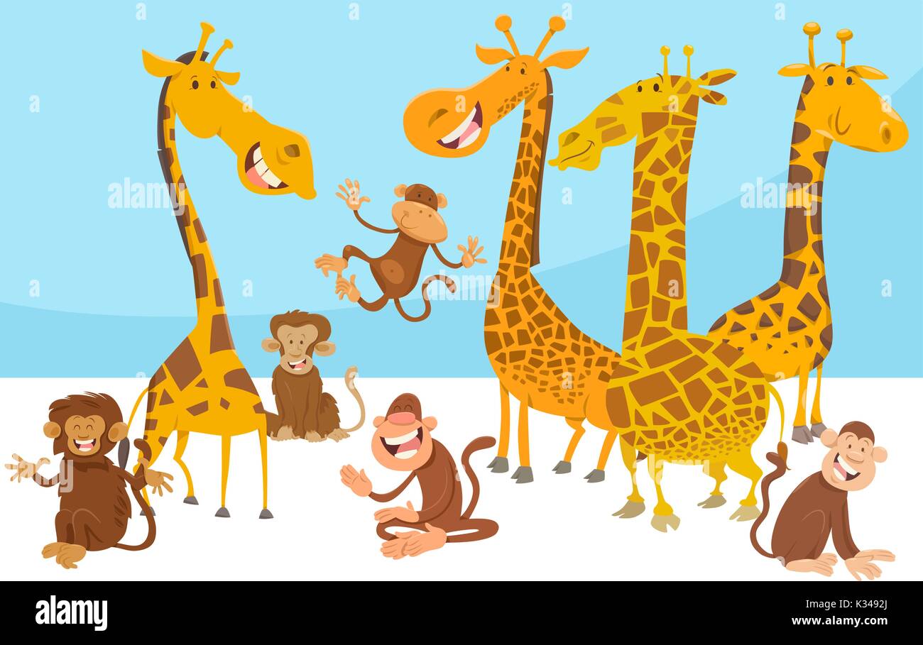 Cartoon Illustration of Happy Wild Safari Animal Characters Group Stock ...