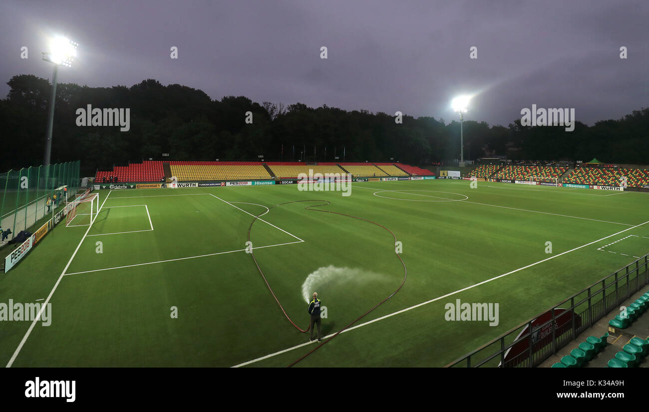 The pitch is watered by a groundsman before the 2018 FIFA World Cup ...