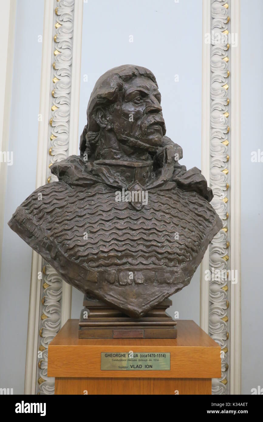 Bust of Gheorghe Doja, Gyorgy Dozsa, a soldier of fortune in a lobby of ...
