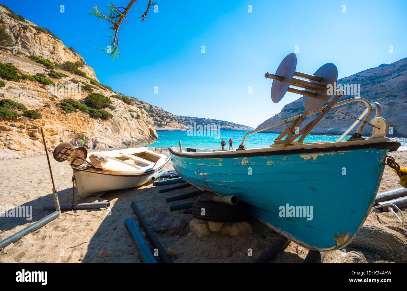 The small isolated gulf of Vathi, in Crete, with sandy beach and some ...