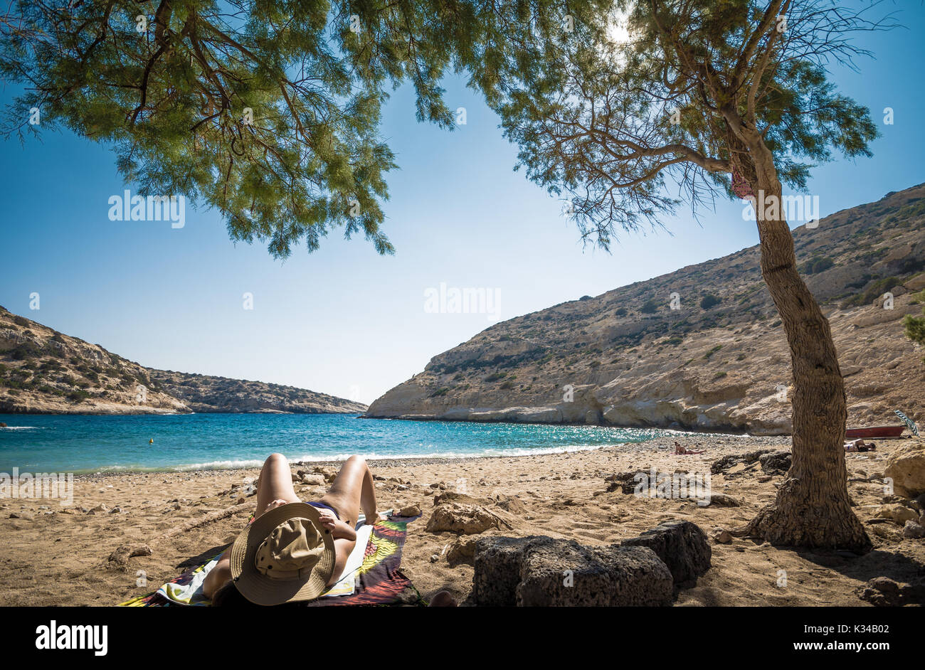 The small isolated gulf of Vathi, in Crete, with sandy beach and some ...