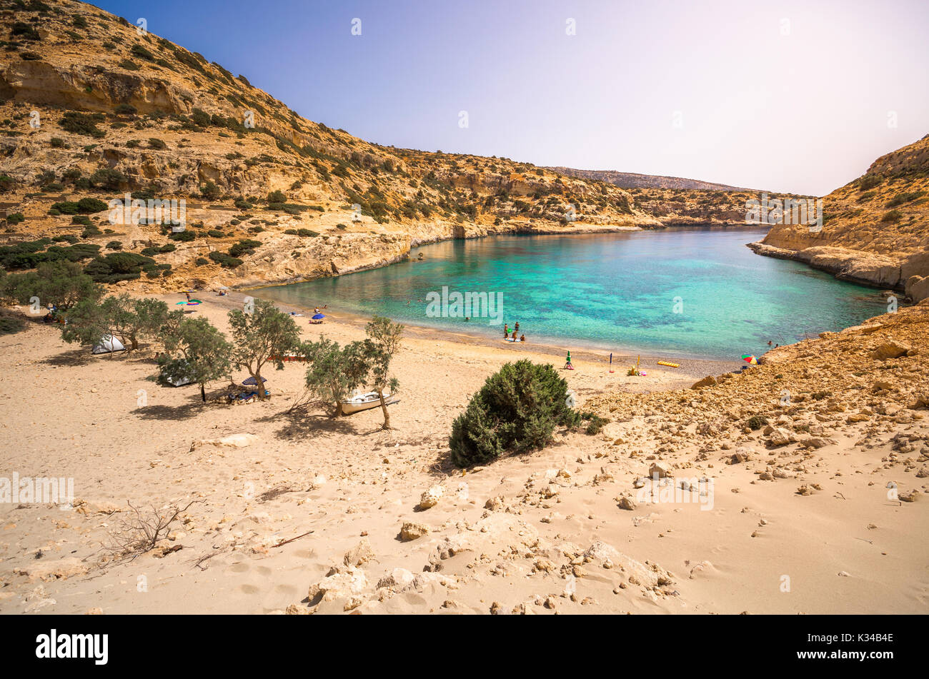 The small isolated gulf of Vathi, in Crete, with sandy beach and some ...